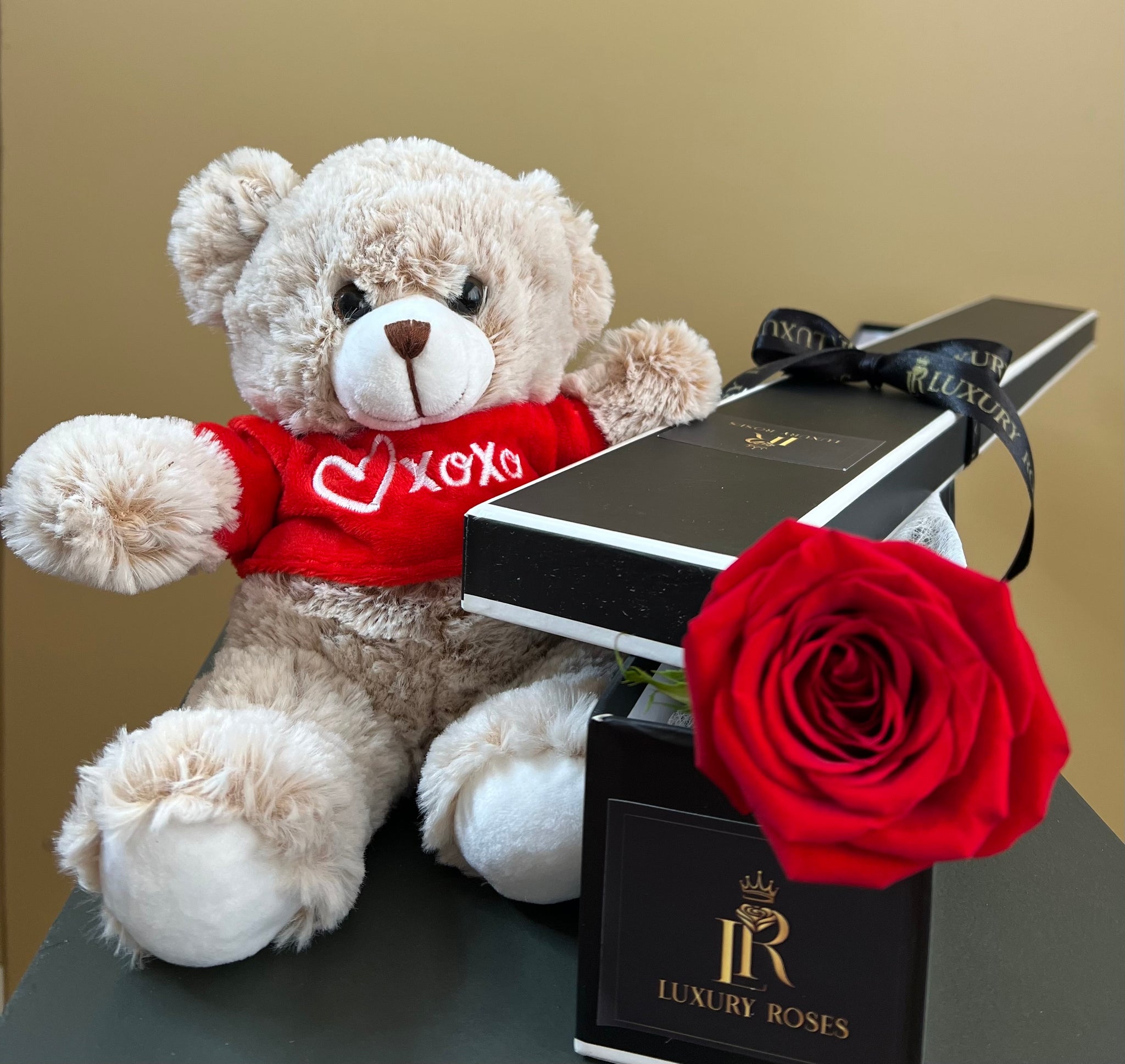 SINGLE LONG STEMMED RED ROSE & TEDDY BEAR – Luxury Roses